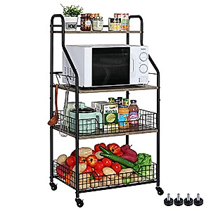 4 Tier Rolling Kitchen Bakers Rack with Storage 5 S Hooks, Kitchen Rolling Utility Cart with Shelves Wire Basket, Kitchen Serving Bar Cart, Microwave Oven Stand Fruit Vegetable Spice Organizer Rack