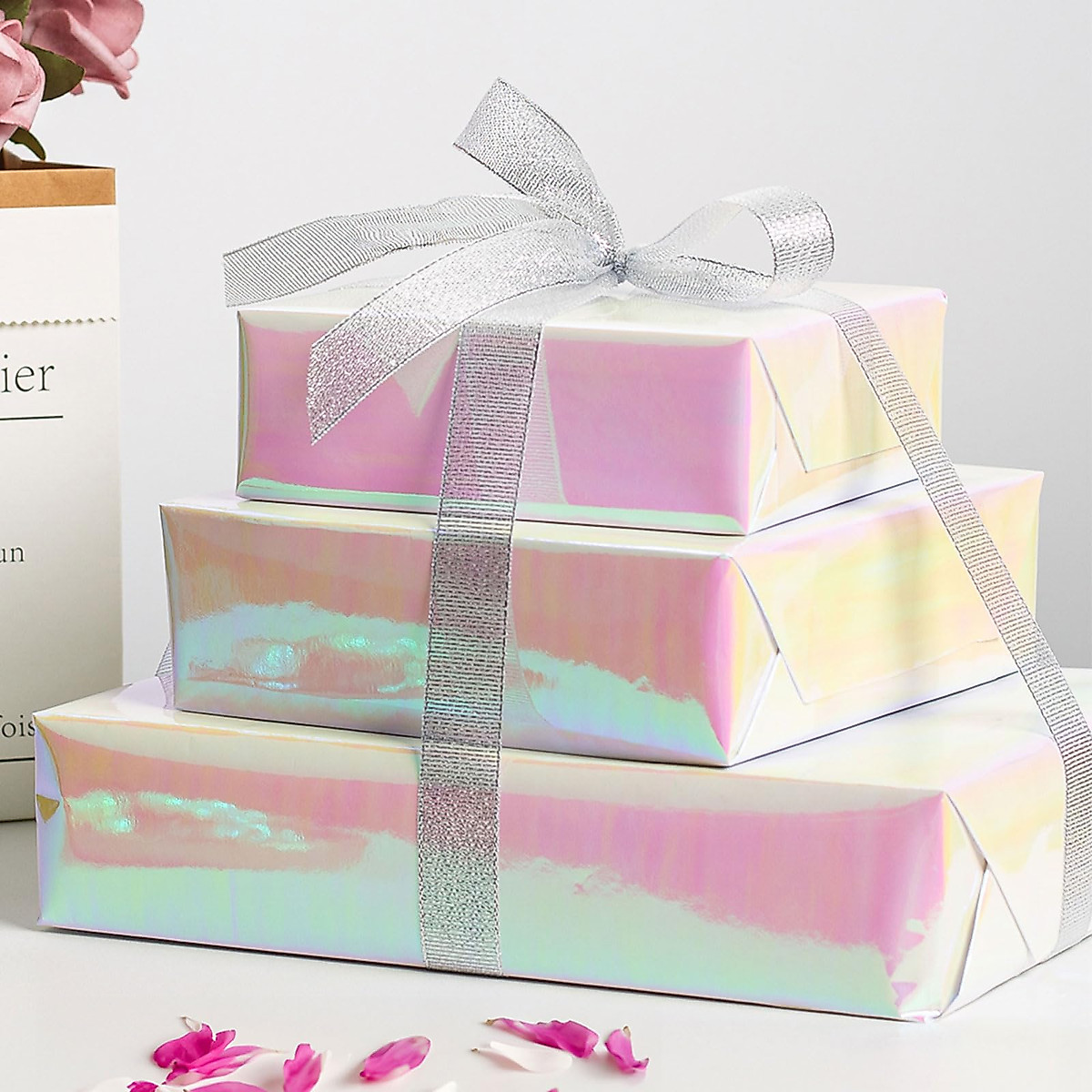 Retrify Pink Wrapping Paper Roll, 17 Inches x 32.8 Feet Holographic Iridescent Gift Wrap Paper for Wedding Bridal Shower Birthday