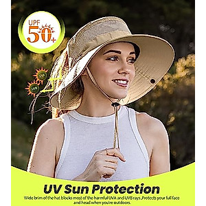 Sun Hat with High Ponytail Hole for Women, Womens UV Protection Wide Brim Foldable Waterproof Beach Bucket Safari Fishing Hat Khaki