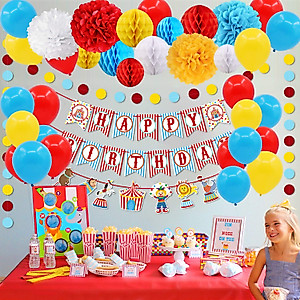 52pcs Carnival Circus Party Decorations Supplies, Carnival Birthday Party Ideas, Circus Happy Birthday Banner Balloons Tissue Paper Flowers Pom Poms Honeycomb Ball Circle Dots for Carnival Decoration