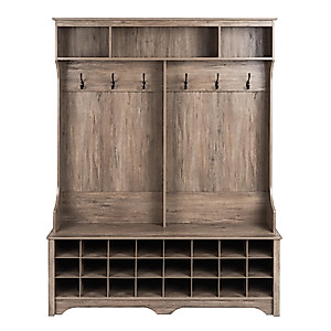 Prepac Drifted Gray Hall Tree with Bench and Shoe Storage, 60"W x 77"H x 15.5"D - 24 Shoe Cubby, Mudroom Bench with Storage and Hooks