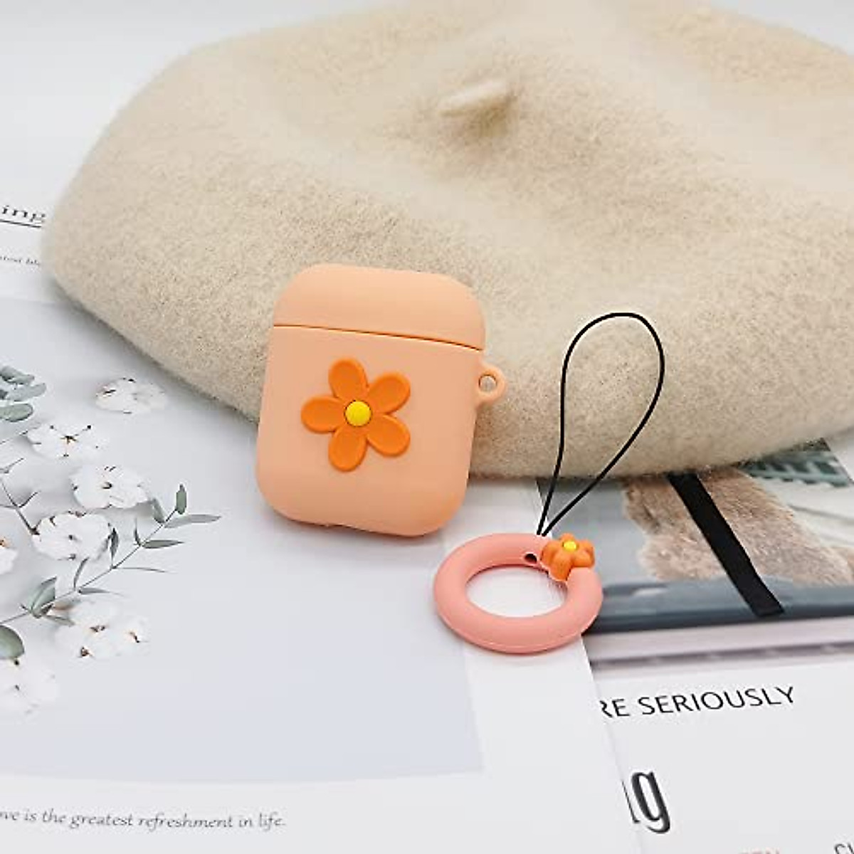 Compatible with AirPods Case Flower, Soft Silicone Shockproof Cartoon 3D Flower Pattern Cover Girls Women Funny Kawaii Cute Case for AirPods 1/2 Generation - Orange