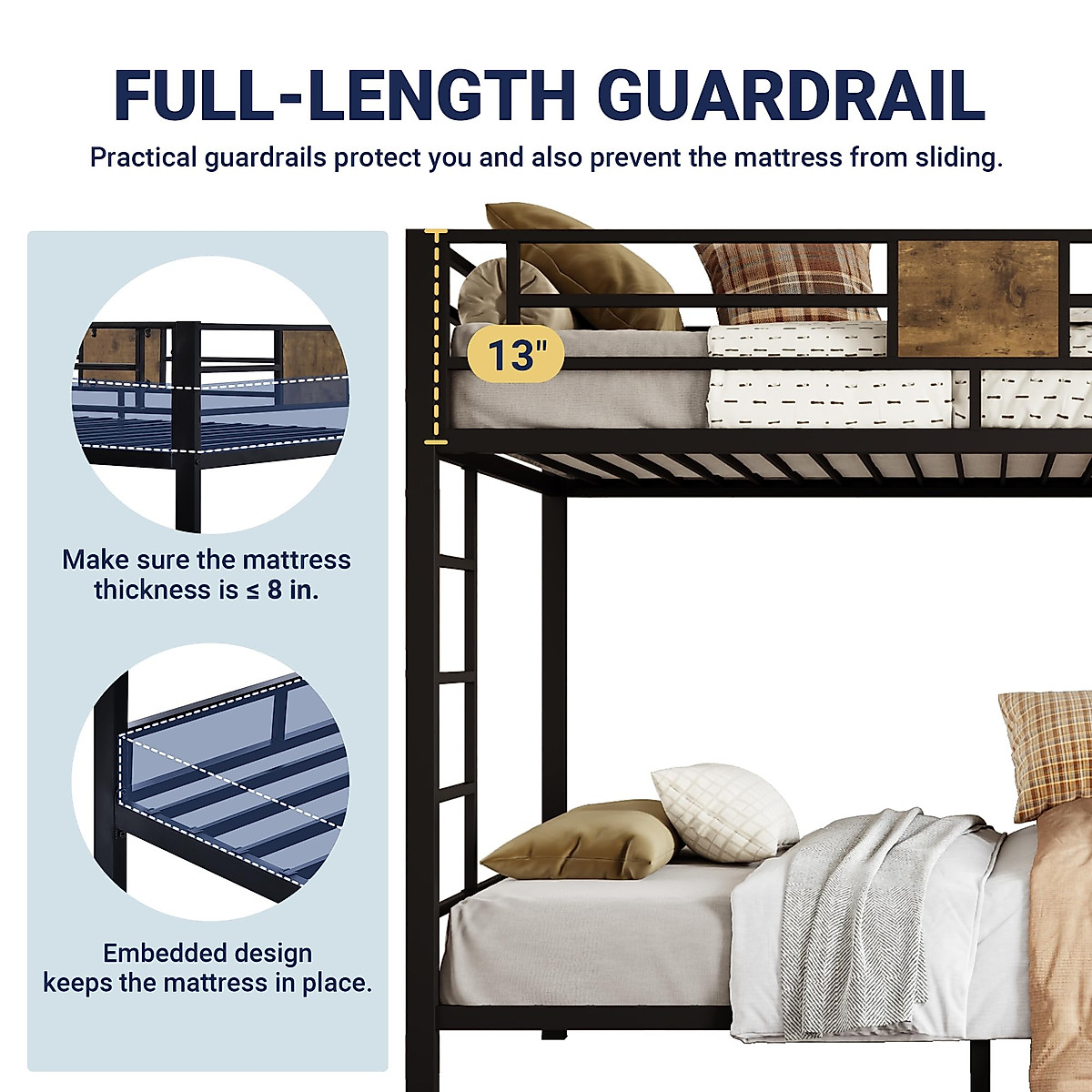 Allewie Twin Over Twin Bunk Bed with Rustic Wooden Accents, Sturdy Metal Frame, Space-Saving Design, Noise-Free, Black