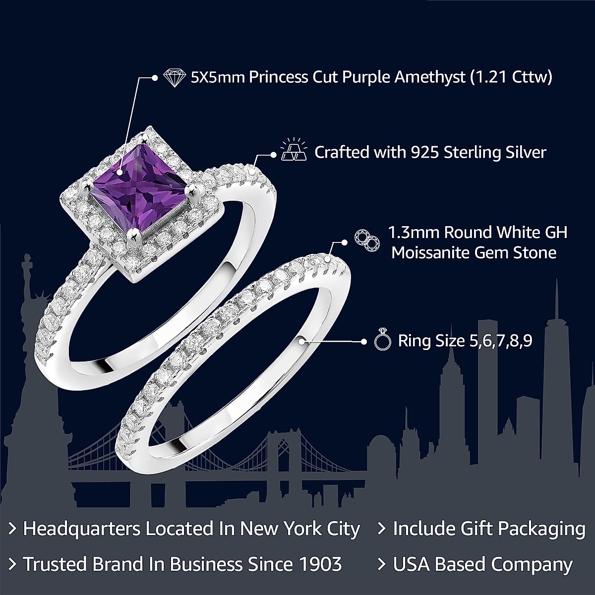 Gem Stone King 925 Sterling Silver Purple Amethyst and Moissanite Women Wedding Engagement Ring Band Bridal Set (1.21 Cttw, Princess Cut 5MM, Available in size 5, 6, 7, 8, 9)