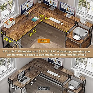 SEDETA L Shaped Desk, 66" with File Drawer & Power Outlet, Home Office Gaming Desk with Led Lights, Corner Computer Desk with Monitor Shelf, Printer Storage Shelves, Two Person Desk, Rustic Brown