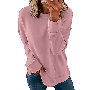Dokotoo Women's Ladies Casual Long Sleeve Crewneck Sweatshirt Side Split Loose Fit Solid Basic Pullover Tunic Shirts Tops Sweatshirts for Teen Girls 2024 Fashion Fall Pink Medium
