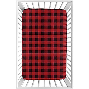 Sweet Jojo Designs Woodland Buffalo Plaid Boy Fitted Mini Crib Sheet Baby Nursery for Portable Crib or Pack and Play - Red and Black Rustic Country Lumberjack