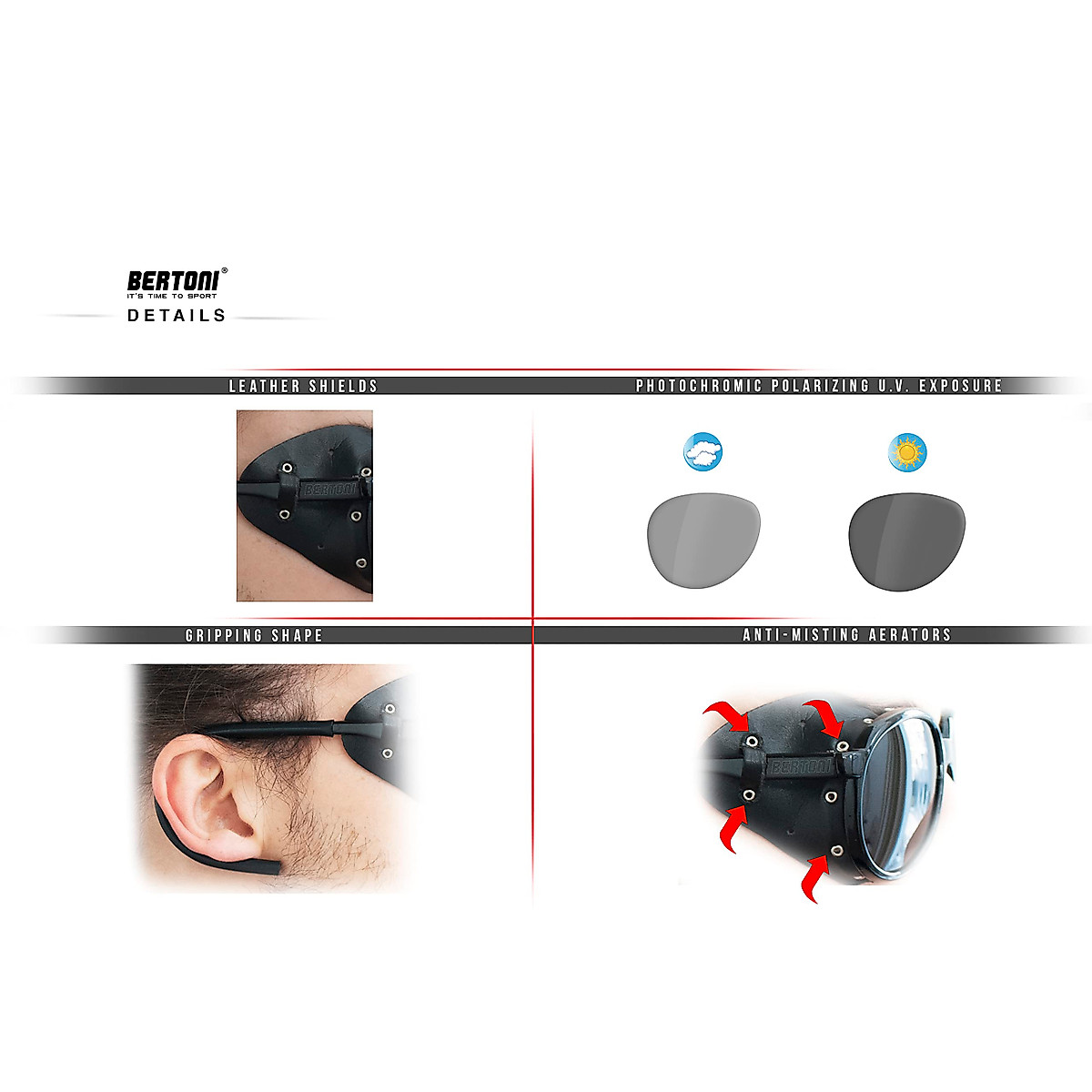 Bertoni Glacier Polarized Sunglasses for Mountain Hiking Trekking Ski mod Cortina Italy Shiny Black (Photochromic Polarized)