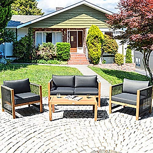 Tangkula Outdoor Wood Furniture Set, Acacia Wood Frame Loveseat Sofa, 2 Single Chairs and Coffee Table, 4 Pieces Conversation Set with Cushions, Garden Balcony Poolside Outdoor Living Set (1, Grey)