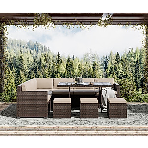 LHBcraft 7 Piece Patio Furniture Set, Outdoor Furniture Patio Sectional Sofa, All Weather PE Rattan Outdoor Sectional with Beige Cushions and Table, Brown Wicker (Brown),(OT002-GR/MS)