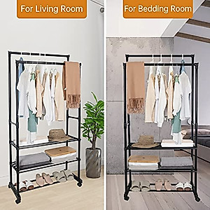 ZOES HOMEWARE Clothes Rack,Double Rod Clothing Rack on Wheels,Large Metal Heavy Duty Clothing Rack with 3 Shelves for Hanging Clothes,Black Rolling Clothes Rack, 65"x 31" x16"
