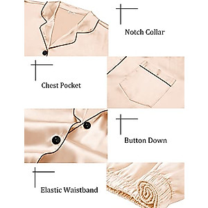SWOMOG Women Silk Satin Sleepwear Button Down Pajamas Set 4 Pcs Short Sleeve Loungewear Champagne