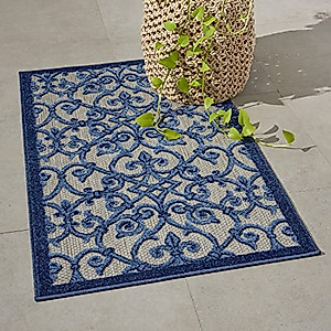 Nourison Aloha Indoor/Outdoor Grey/Blue 2'8" x 4' Area Rug, Transitional, French Country, Easy Cleaning, Non Shedding, Bed Room, Kitchen, Living Room, Deck, Backyard, (3' x 4')