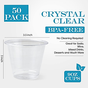 Turbo Bee 50 Pack 9oz Clear Plastic Cups,Disposable Crystal Drinking Cups,PET Plastic Party Cups for Wine,Juice,Iced Coffee and Cold Drinks