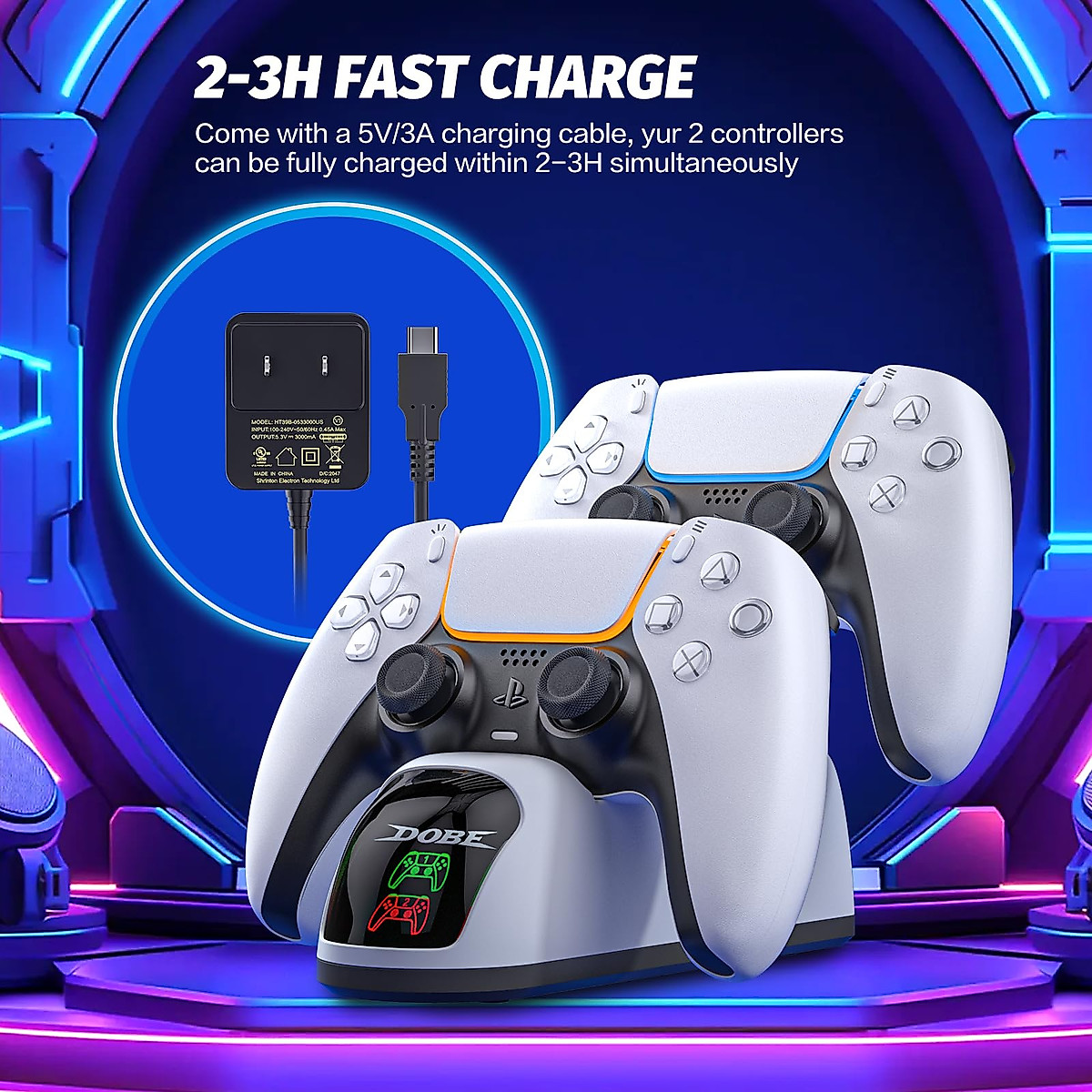 PS5 DualSense Controller Charger, PS5 Controller Charger Station with 5V 3A AC Adapter, Playstation 5 Charging Station Dock with LED Indicator, Safety Chip Protection, Dual USB Type C Fast Charging