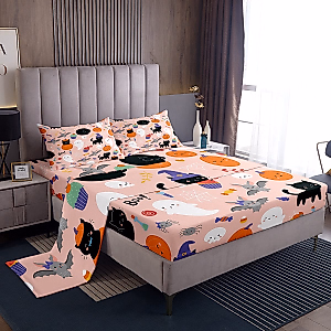 Erosebridal Happy Halloween Bedding Set Full Size Pumpkin Lantern Fitted Sheet, Cobwebs Castle Bed Sheet Set Spooky Cat Bat Bed Cover for Boys Girls Halloween Decor Halloween Decorations
