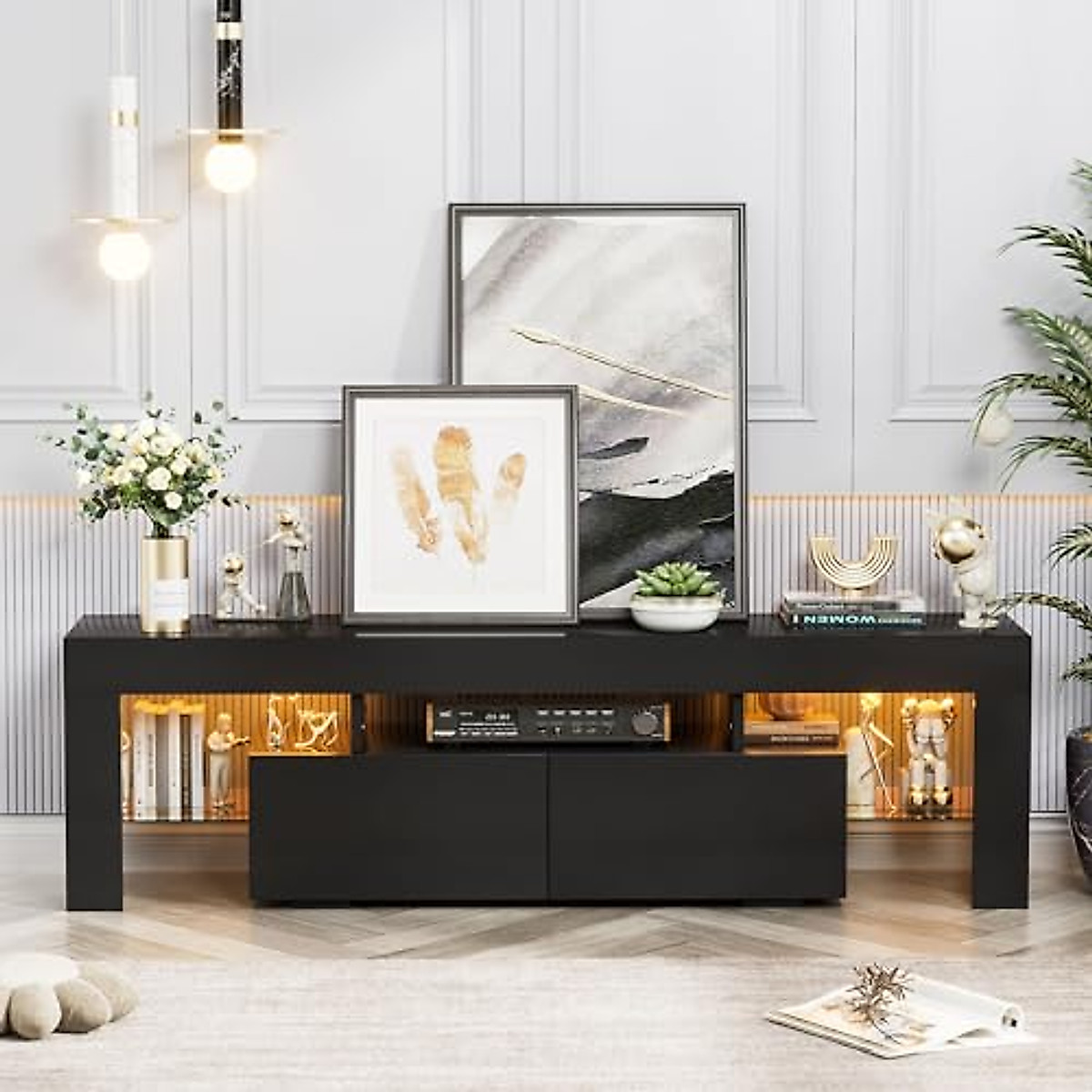 YESHOMY Modern LED TV Stand for Televisions up to 70 Inch with Glass Shelves and Drawer, Gaming Entertainment Center with Multiple Dynamic RGB Modes, for Livingroom, Bedroom, 60 Inch, Black