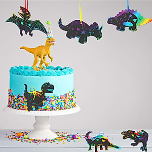 Outus 48 Pieces Scratch Dinosaur Paper Scratch Paper Dinosaur Craft Art Kits with 24 Pieces Wooden Styluses and 48 Pieces Ribbons for Dinosaur Birthday Party Game Supplies