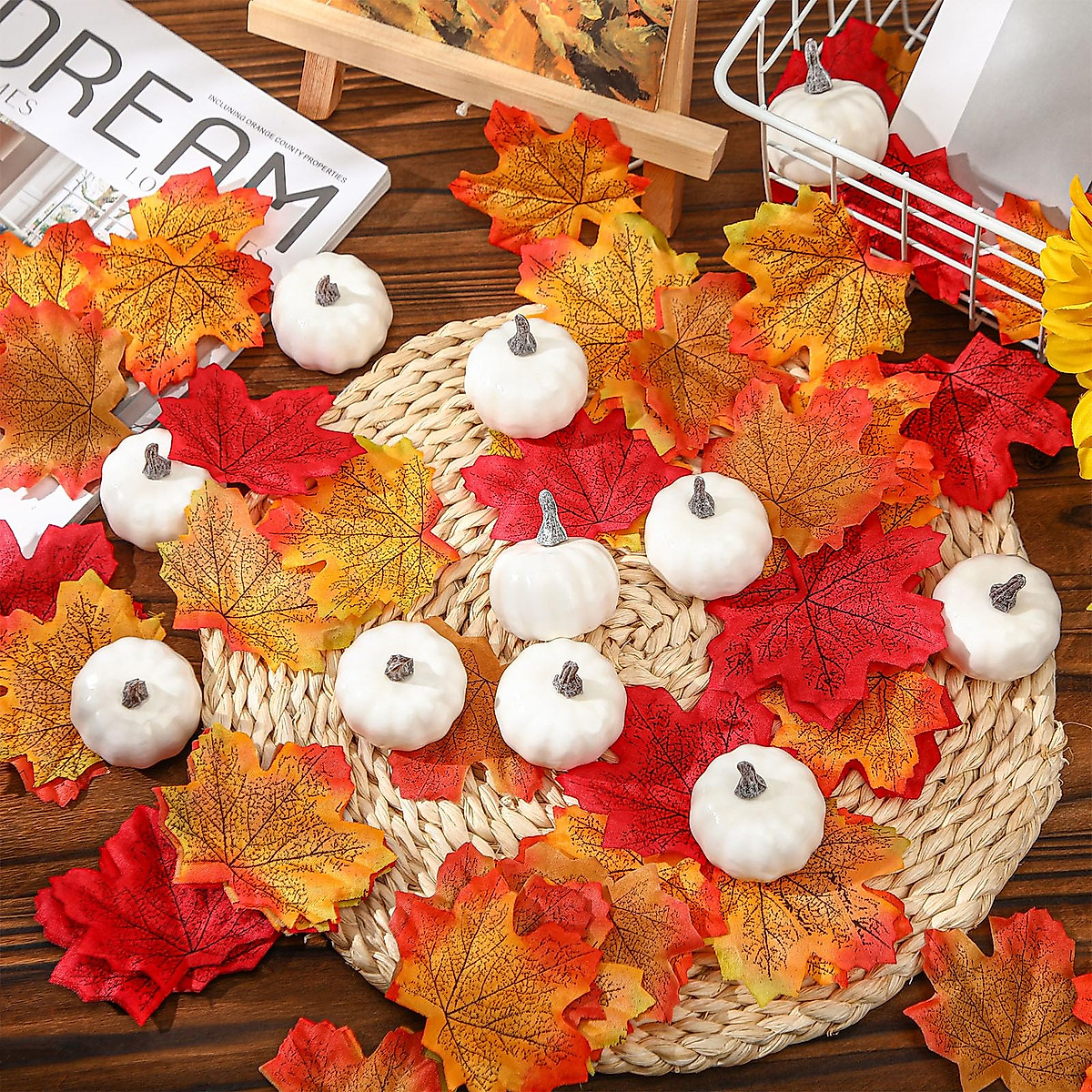 Tigeen 50 Pcs Artificial Mini Fake Pumpkins with 100 Pcs Lifelike Fake Maple Leaves Thanksgiving Lifelike Simulation Mixed Pumpkins for Decorating Fall Harvest Garland Small Realistic Pumpkin for Home