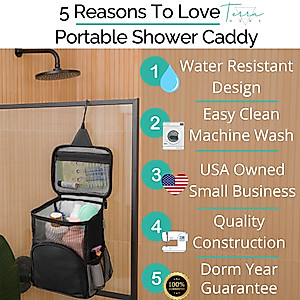 TERRA HOME Portable Shower Caddy For College Dorms - Foldable Mesh Tote - Dorm Room Essentials - Durable Hanging Travel Shower Bag - Perfect for College Students, Men, Women (Black)