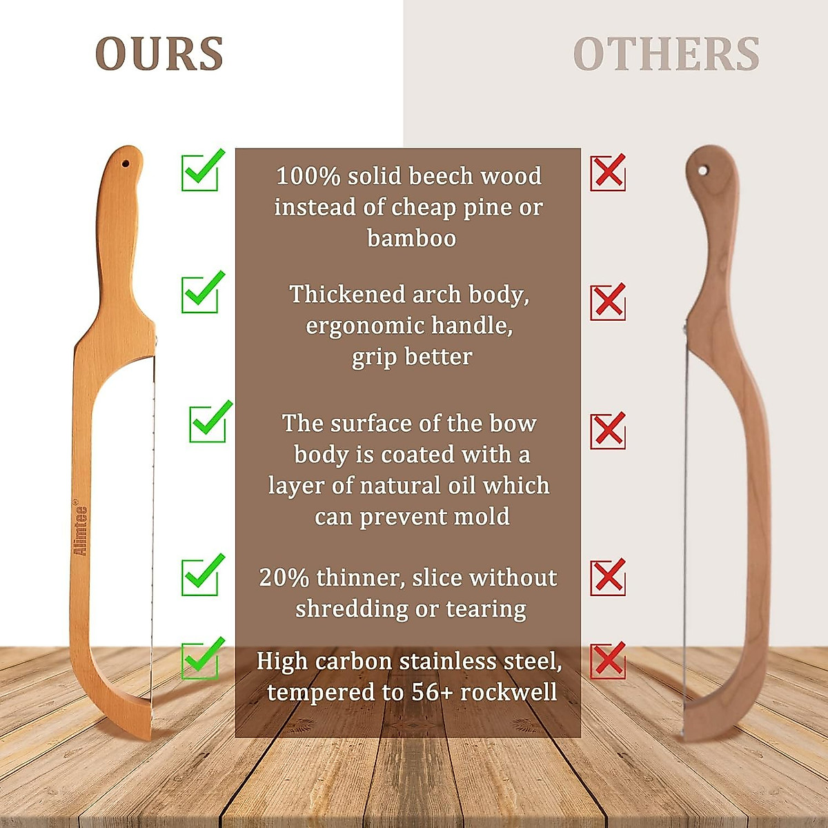 Alimtee Bread Knife for Homemade Bread, 16" Wooden Serrated Bread Slicer Gift for Friends Fiddle Bow Design Easy to Cutting, Sourdough Cutter for Homemade - Premium Stainless Steel