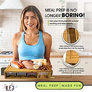 Bamboo Cutting Board with 4 Container Trays with Lids, with Juice Grooves, Knife Sleeve, Graters & Food Sliding Opening