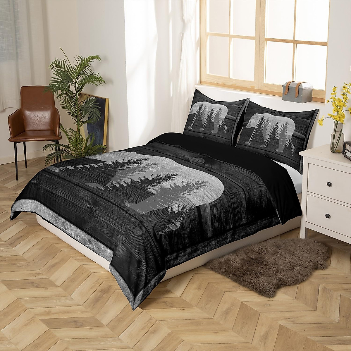 Castle Fairy Lodge Cabin Duvet Cover Gray Bear Pine Tree Silhouette Pattern Comforter Cover with 2 Pillowcases Wild Animal Western Jungle Style Bedding Set for Teens Adults King Size 3 Pieces