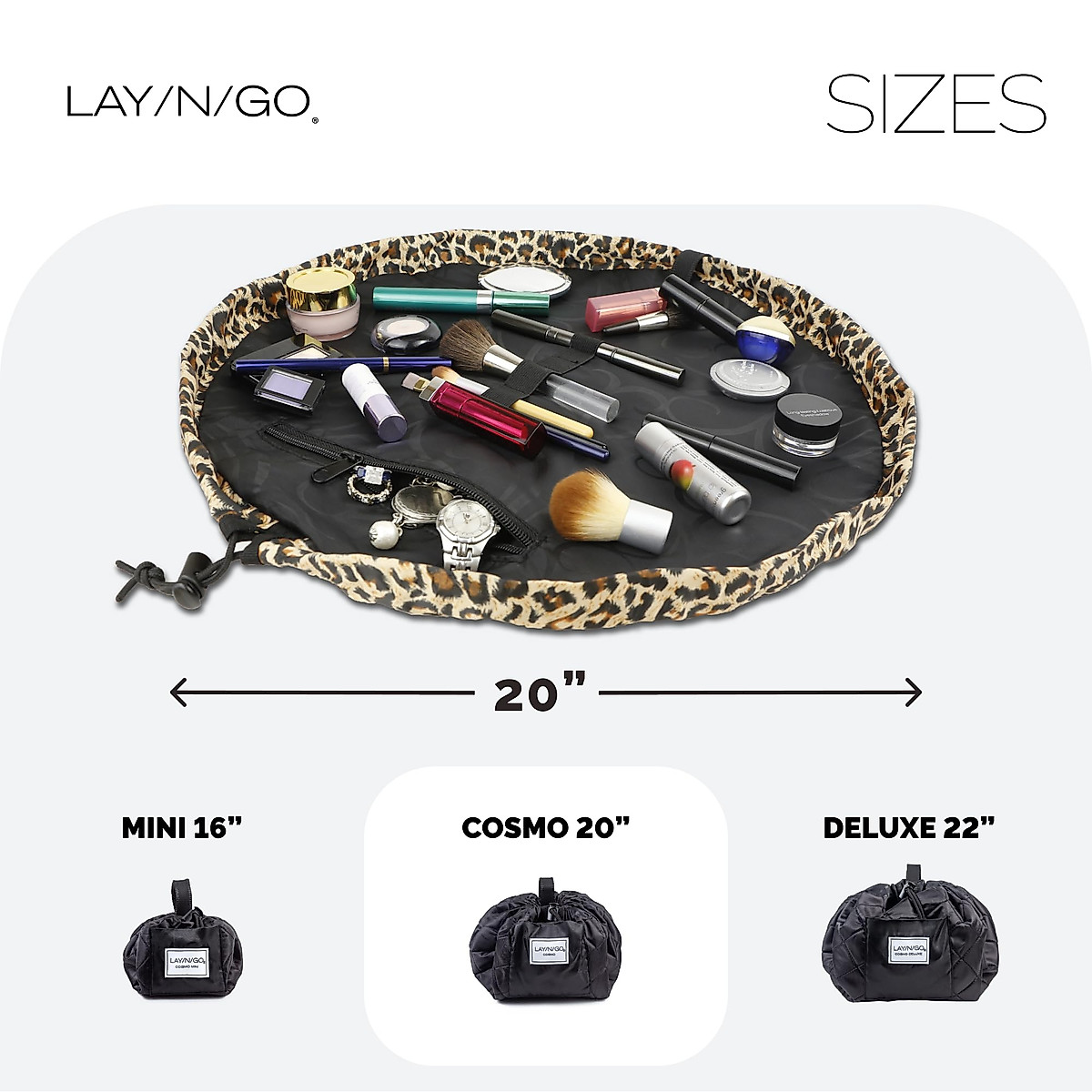 Lay-n-Go Cosmo Drawstring Cosmetic & Makeup Bag Organizer - Portable Drawstring Makeup Bag w/Zipper Pocket, Makeup Loops & More - Durable, Machine Washable Makeup Bag for Travel (20”, Leopard)