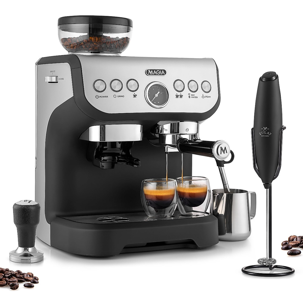 Zulay Kitchen Magia Manual Espresso Machine with Grinder and Extra Large 2L Removable Water Tank and Executive Milk Frother with Stand