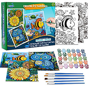 3 Pack Paint by Numbers for Kids Ages 8-12, Pre-Printed Acrylic Oil Painting, Includes (8x10, 8x9, 8x8 inch) Framed Canvas with 30 Acrylic Paint Pots, 5 Brushes for Kids, Art Supplies for Kids 9-12