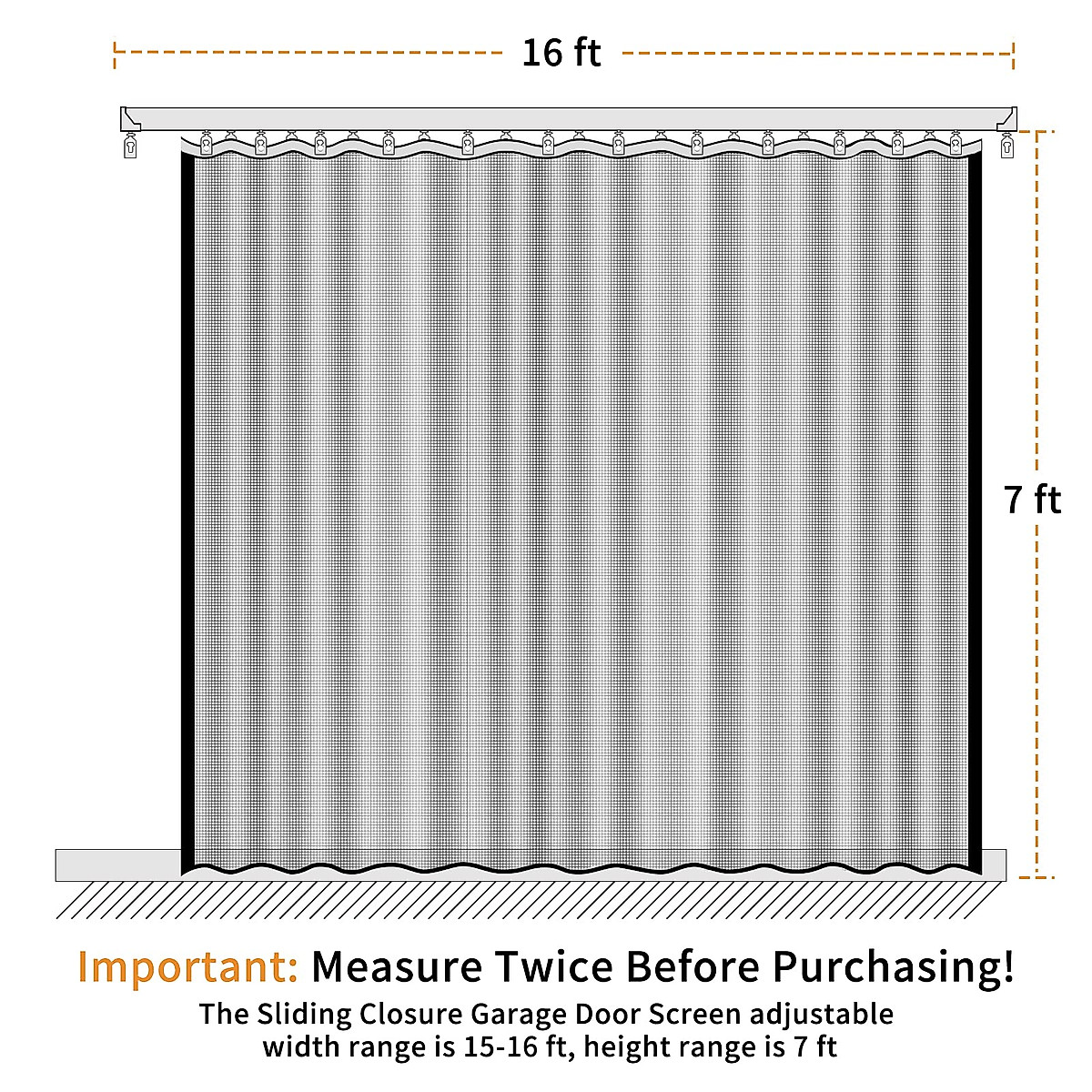 Sliding Garage Door Screen with Track Closure - Retractable Privacy Curtain Keep Annoying Animals Out Easy Install Heavy Duty Fiberglass Mesh Net for Opening Garage Patio (Black, 16 ft x 7 ft)
