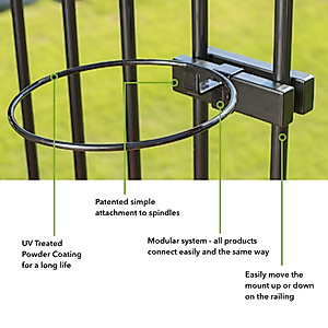 Deck Railing Plant Container Holder/Bracket Kit for Round Pot Planters (10") Connects Harmlessly to Vertical Spindled Railings - Adjustable Height - Heavy Duty Plant Hanger