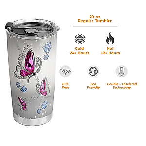 20oz Jewelry Crystal Butterfly Tumbler, Gifts for Butterfly Lovers, Coffee Thermos for Women, Stainless Steel Double Wall Vacuum Insulated Coffee Mug, Travel Cup with Lid