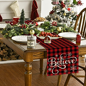 Artoid Mode Red and Black Buffalo Plaid Believe Table Runner, Seasonal Winter Christmas Holiday Kitchen Dining Table Decoration for Indoor Outdoor Home Party Decor 13 x 72 Inch