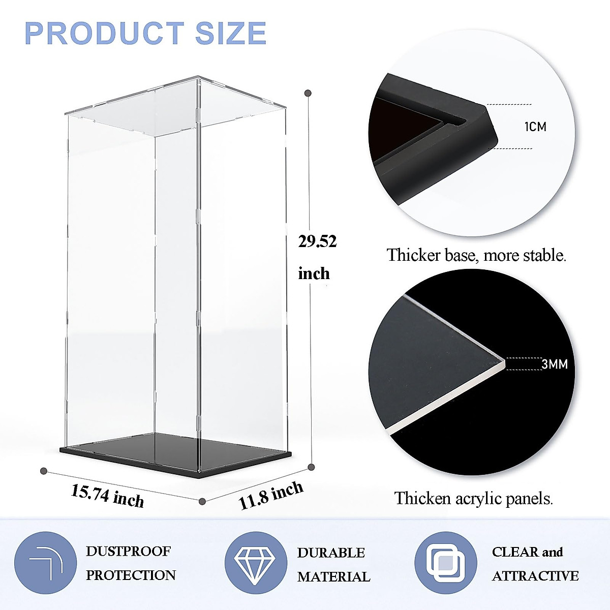 DuvinDD Acrylic Display Case for Large Collectibles, 29 inch Tall Clear Display Box for Bearbrick 1000% Lego 10341 Doll Figure Dustproof Protective Showcase Stand, Assemble Acrylic Box with Black Base