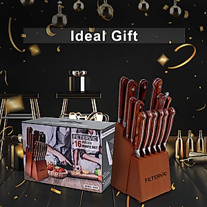 FETERVIC Knife Set -16 PCS High Carbon Kitchen Knife Sets Wooden Block with Chef Knife, 6 Pieces Steak Knives, Bread Knife, Sharpener Rod and Kitchen Scissors - Best Gift