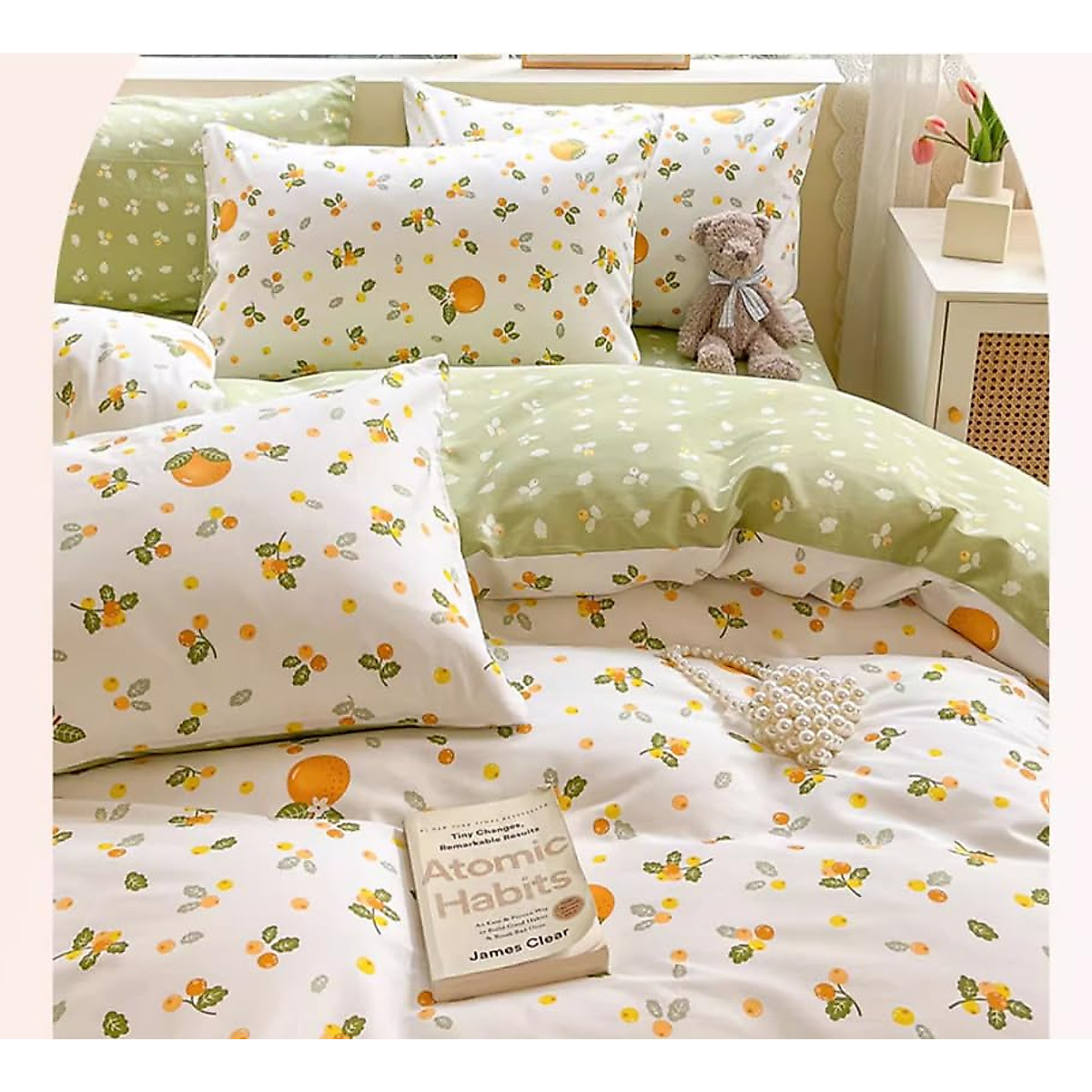 Generic 100% Cotton Duvet Cover and 2pc Pillowcases Twin Queen King Full Size Orange Fruit Print Bed Linen Bedding Home Textile with Zipper Closure and 4 Tiers (King), Green