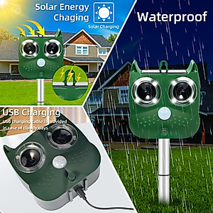 Ultrasonic Deer Repellent Devices 2024 Newest Solar Animal Repeller for Cat Dog Deer Raccoon Coyote Skunk, Waterproof Cat Deterrent Outdoor with Explosive Flashing Light, 2 Pack