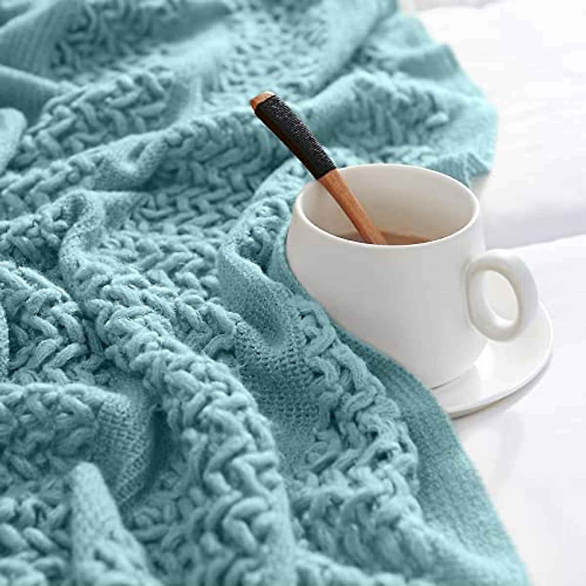 jinchan Cable Knit Throw Blanket Teal Soft Blanket with Tassels Indoor Outdoor Travel Warm Coverlet for Sofa Comforter Couch Bed Throw Blanket Spring Living Room Decor Nursery Gift 50x60 inch