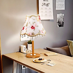 Yardwe Vintage European Lampshade with Flower Pattern Vintage Cloth Art Fringe Bead Lampshade with Tassel Fabric Dome Lamp Shade for Living Room Bedroom E27