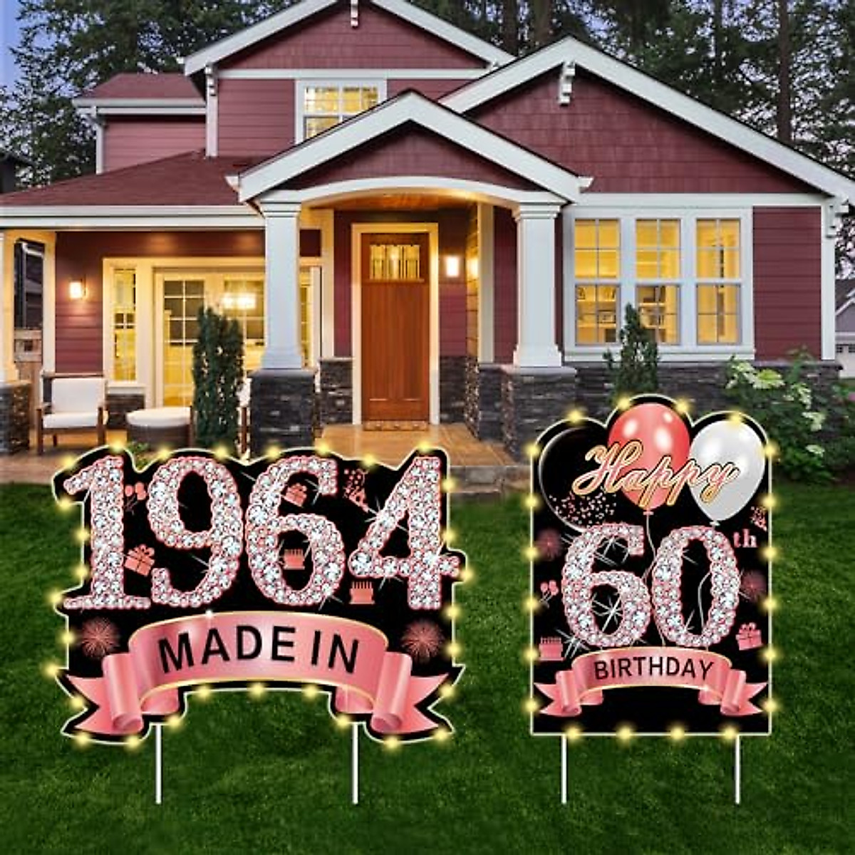 2Pcs Rose Gold 60th Birthday Yard Sign Decoration with String Lights for Women,Happy 60th Birthday Made in 1964 Lawn Sign Party Supplies, Sixty Year Old Birthday with Lights Yard Decor with Stakes