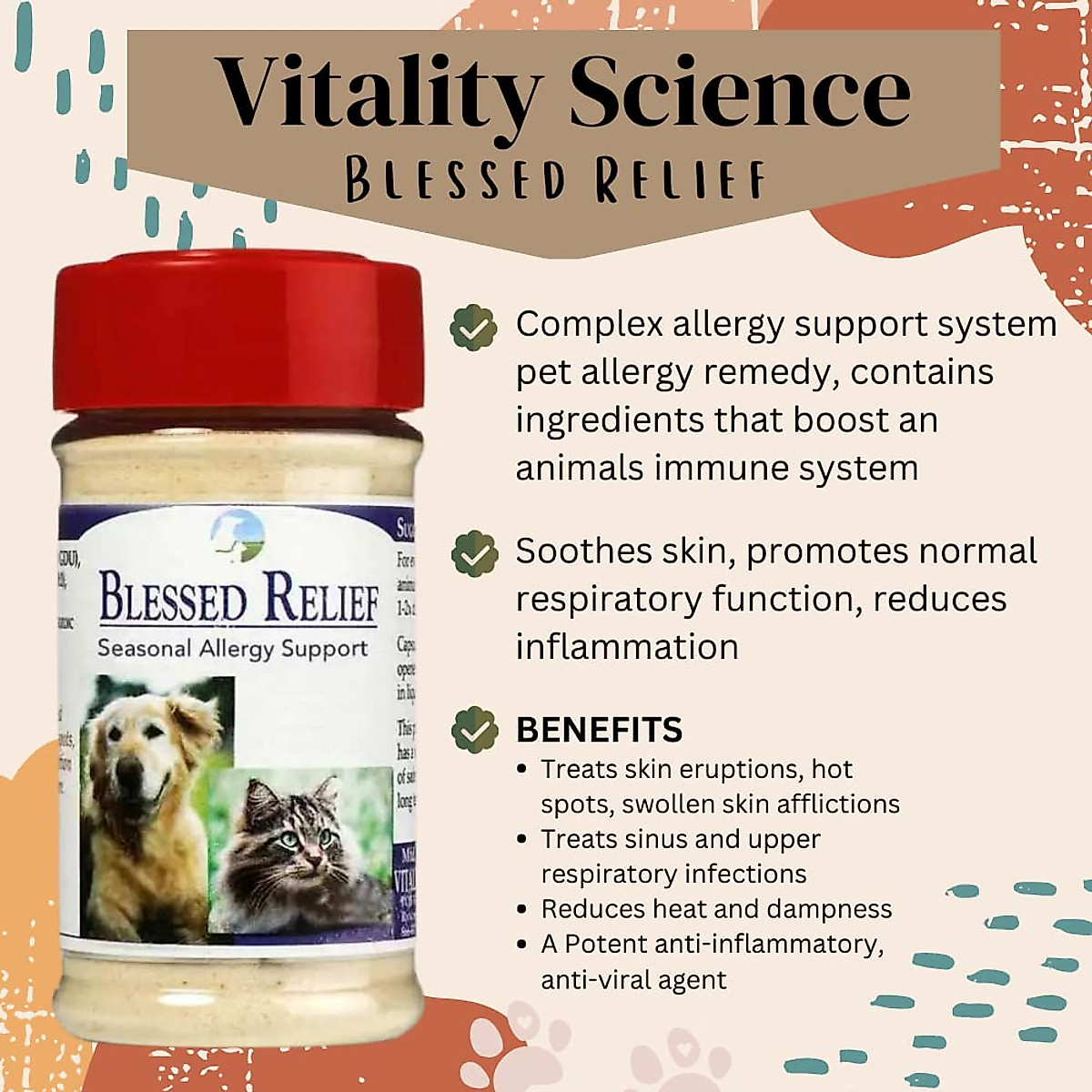 Vitality Science Blessed Relief for Dogs | Seasonal Allergy Support | Soothes Skin Problems | Normal Respiratory Function | Reduces Inflammation | Boosts Immune Health (20g)