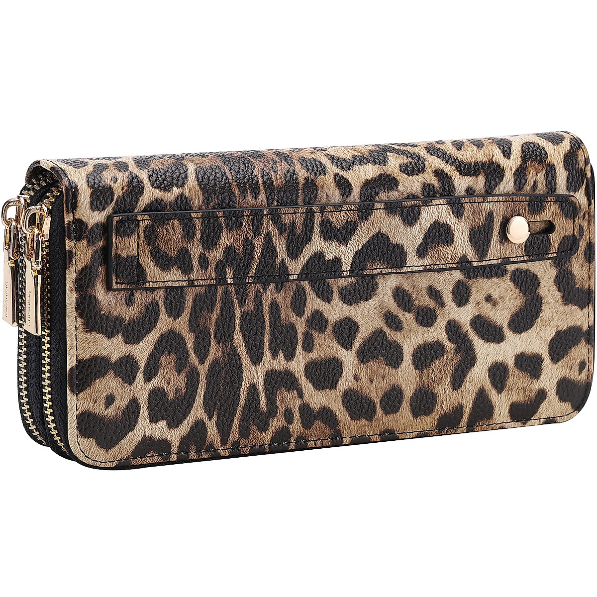 B BRENTANO Vegan Leather Double Zipper Pocket Wallet with Grip Hand Strap (Leopard)