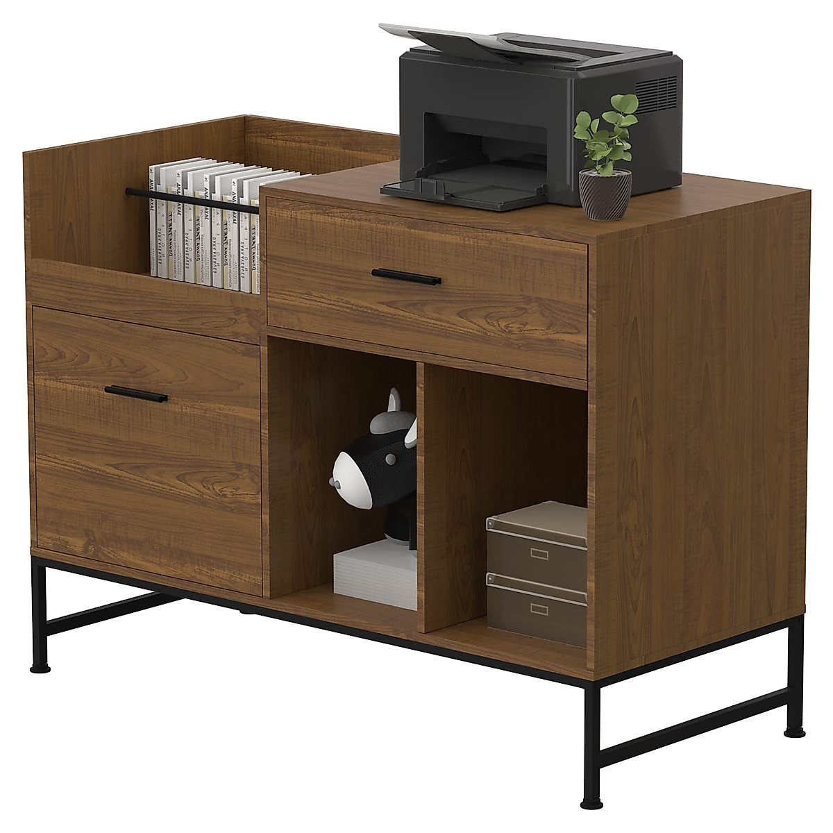 Visionwards Wood Filing Cabinet 2 Drawer, Lateral File Cabinet for Letter Size, Printer Stand with Open Storage Shelves, File cabinets for Home Office, Black/Rustic Brown