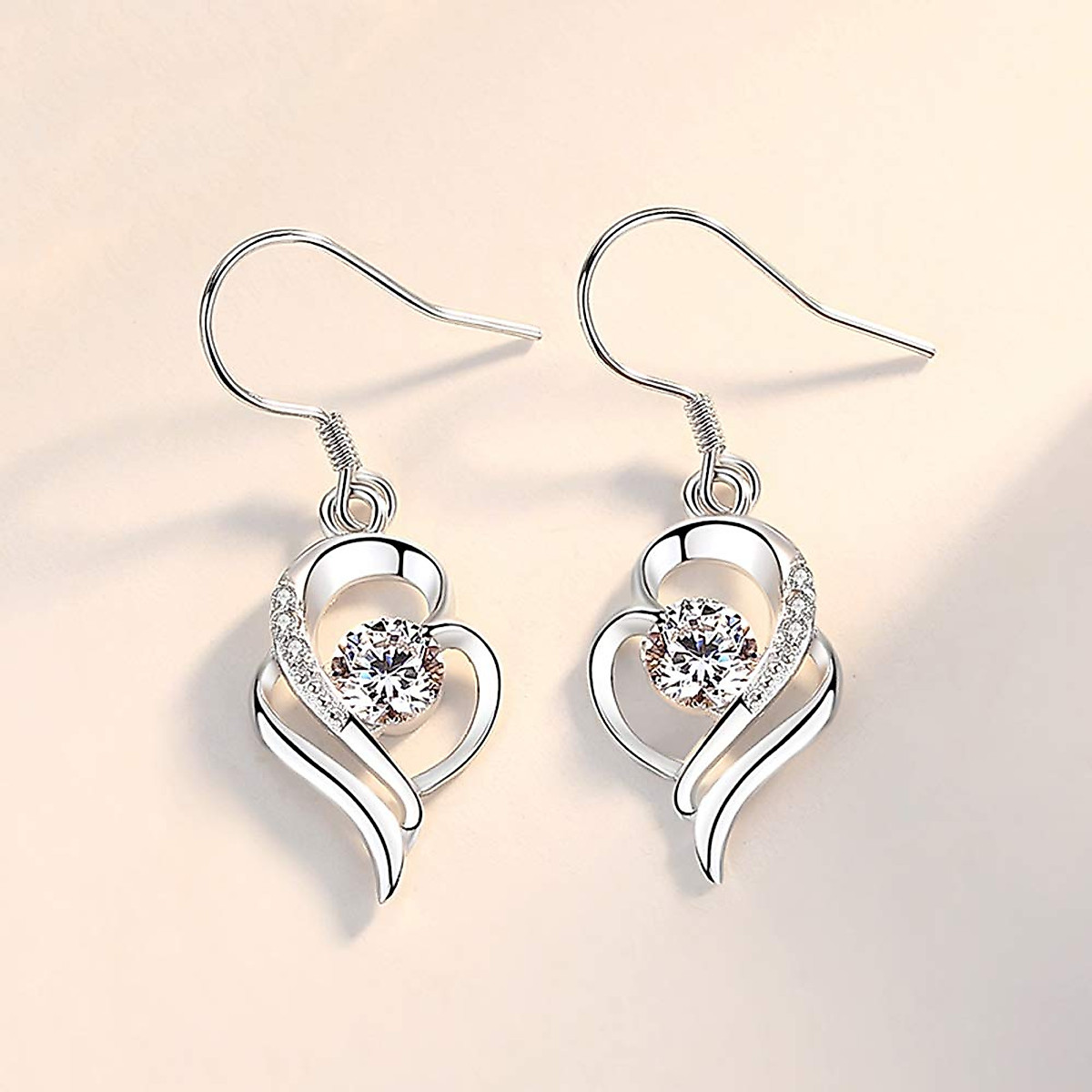 Silver Jewellery Set for Women, 925 Sterling Silver Heart Dangle Drop Earrings & 45cm Necklace Pendant Set, with White Cubic Zirconia, Jewellery for Mother Wife Girlfriend for Bridal Bridesmaid