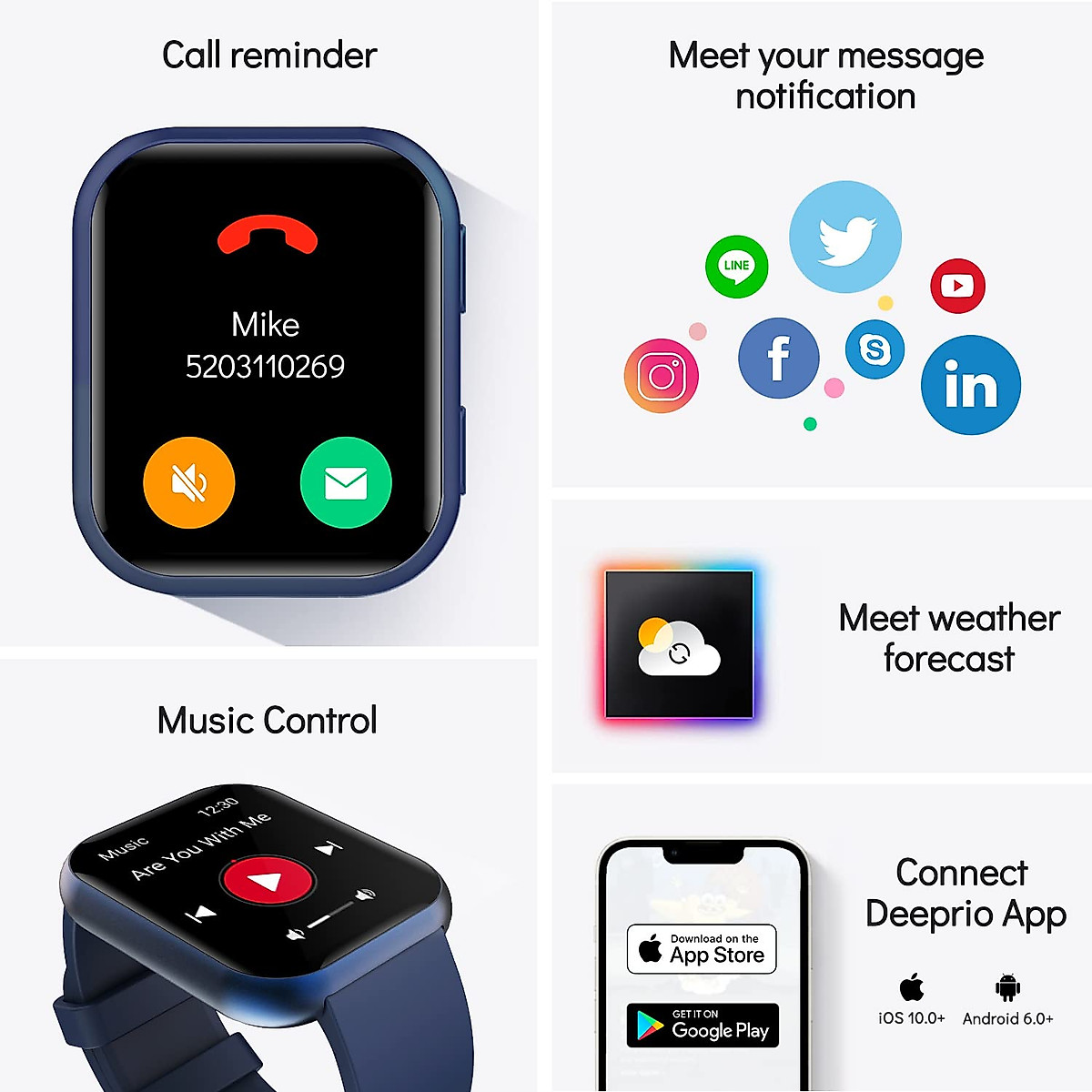 Deeprio Smart Watch for Android Phones iOS 1.75-inch HD Touchscreen 3ATM Waterproof Fitness Tracker Heart Rate Blood Oxygen Sleep Monitor Smartwatch Compatible iPhone Samsung Men Women Blue (SM006)