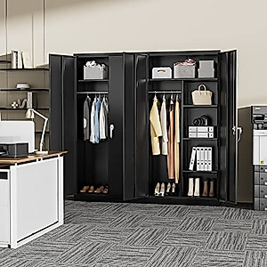 INTERGREAT Metal Storage Cabinet with Locking Doors, 72" Tall Storage Wardrobe with Lock and Hanging Rod, Steel Storage Locker Closet with 4 Adjustable Shelves for Home Office, Garage, Black