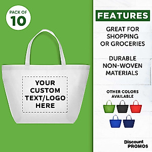 DISCOUNT PROMOS Custom Southern Style Grocery Tote Bags Set of 10 - Personalized Bulk Pack, Reusable Grocery & Shopping Bags - Great for Travel, Carry on Bag, Business Promotions - White - 20"X13"X8"