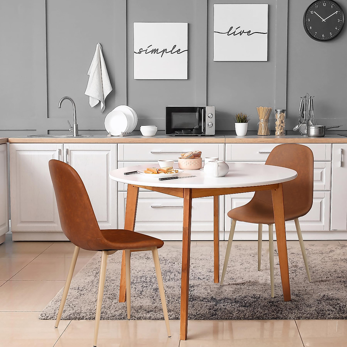 SUPER DEAL Kitchen Chairs Set of 2 Modern PU Leather Cushion Seat Mid Century Dining Chairs Side Chairs with Heavy Duty Wood Legs for Living Room Dining Room, Brown