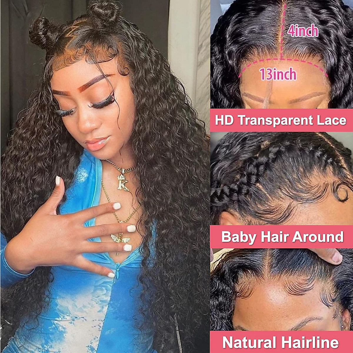 Water Wave Lace Front Wigs Human Hair Wigs for Black Women 13x4 Lace Front Wigs Human Hair Pre Plucked with Baby Hair Wet and Wavy HD Lace Frontal Wigs 180% Density Natural Color 28inch